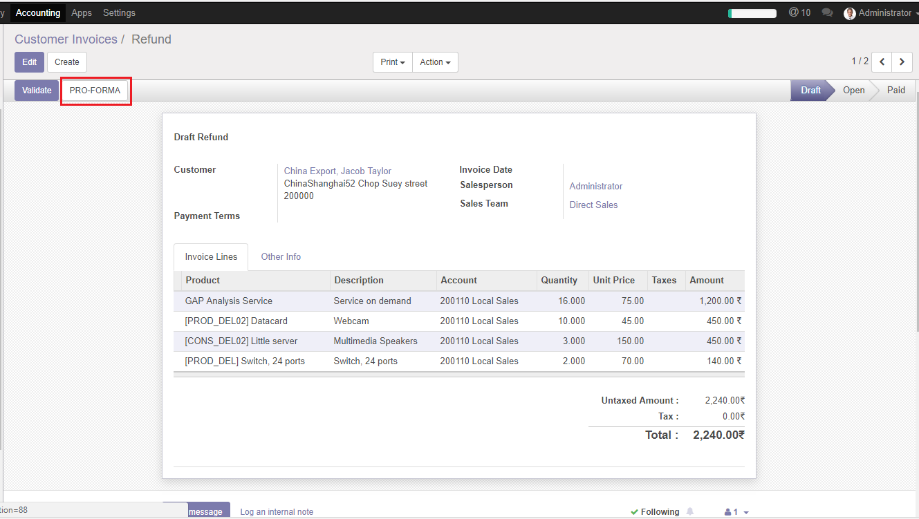Pro-forma Invoice in Odoo
